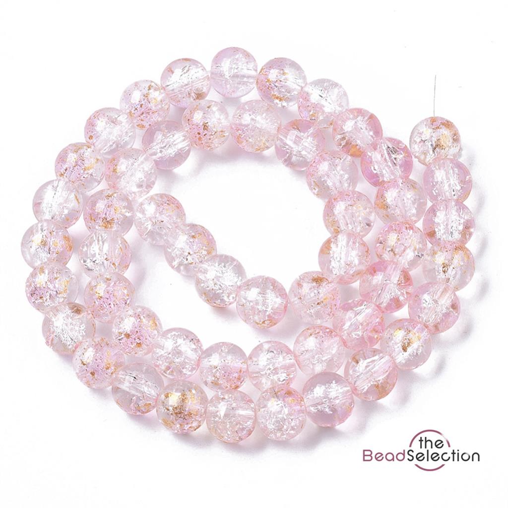 50 CRACKLE GLITTER ROUND GLASS BEADS CLEAR PINK 8mm JEWELLERY MAKING C ...