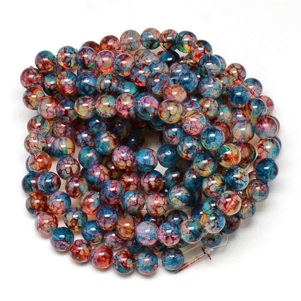 100 'DRAGON VEIN' MARBLED DRAWBENCH ROUND GLASS BEADS 8mm DARK RAINBOW ...